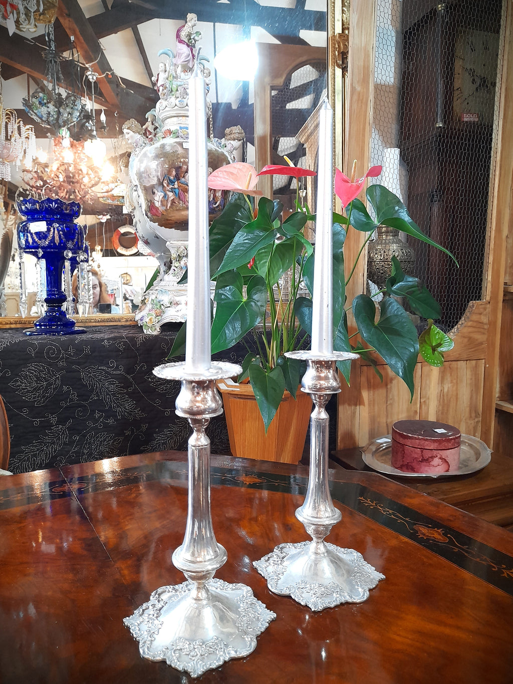 Pair of Tall EPNS Candlesticks – Yvonne Sanders Antiques Limited